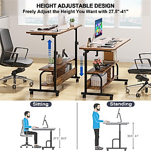Height Adjustable Standing Desk with Power Outlets, 47" Manual Stand Up Desk with Storage Shelves Small Mobile Rolling Computer Desk Portable Laptop Table with Wheels for Home Office, Rustic