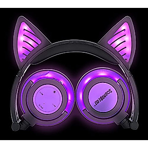SoundBeast Bluetooth Cat Ear Headphones with Glowing Purple Lights - Wireless Headphones for Kids & Adults