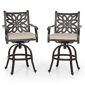 PHI VILLA Outdoor Swivel Bar Stools, Cast Aluminum Patio Pub Height Swivel Arms Chairs with Seat Cushion, Set of 2, Easy Assemble