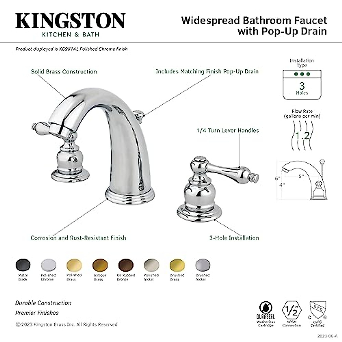Kingston Brass KB986ALPN Victorian Widespread Bathroom Faucet, 6 x 5.25 x 2.5, Polished Nickel