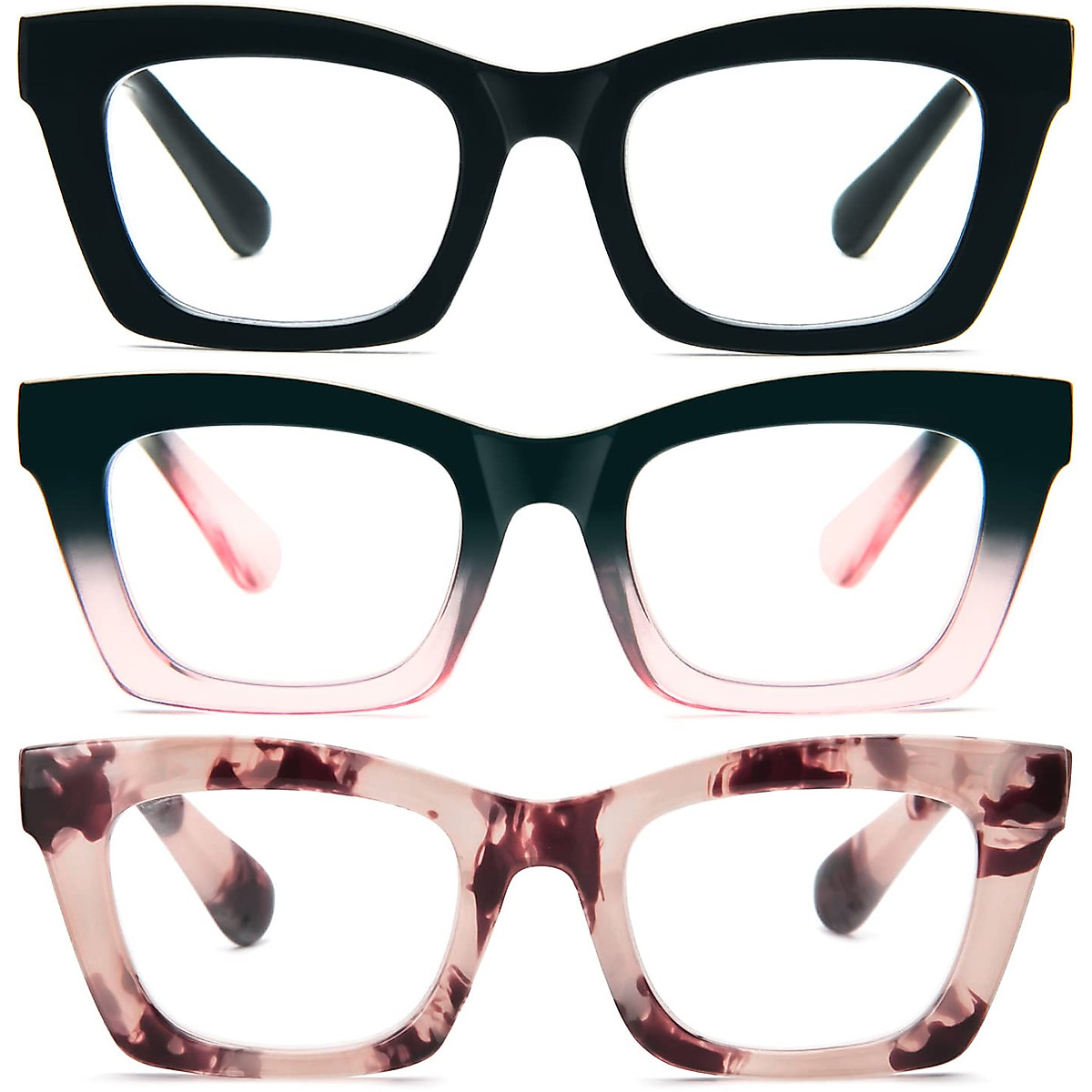 REAVEE 3 Pack Oprah Style Reading Glasses Blue Light Blocking Computer Square Retro Readers for Women with Spring Hinge 1.5