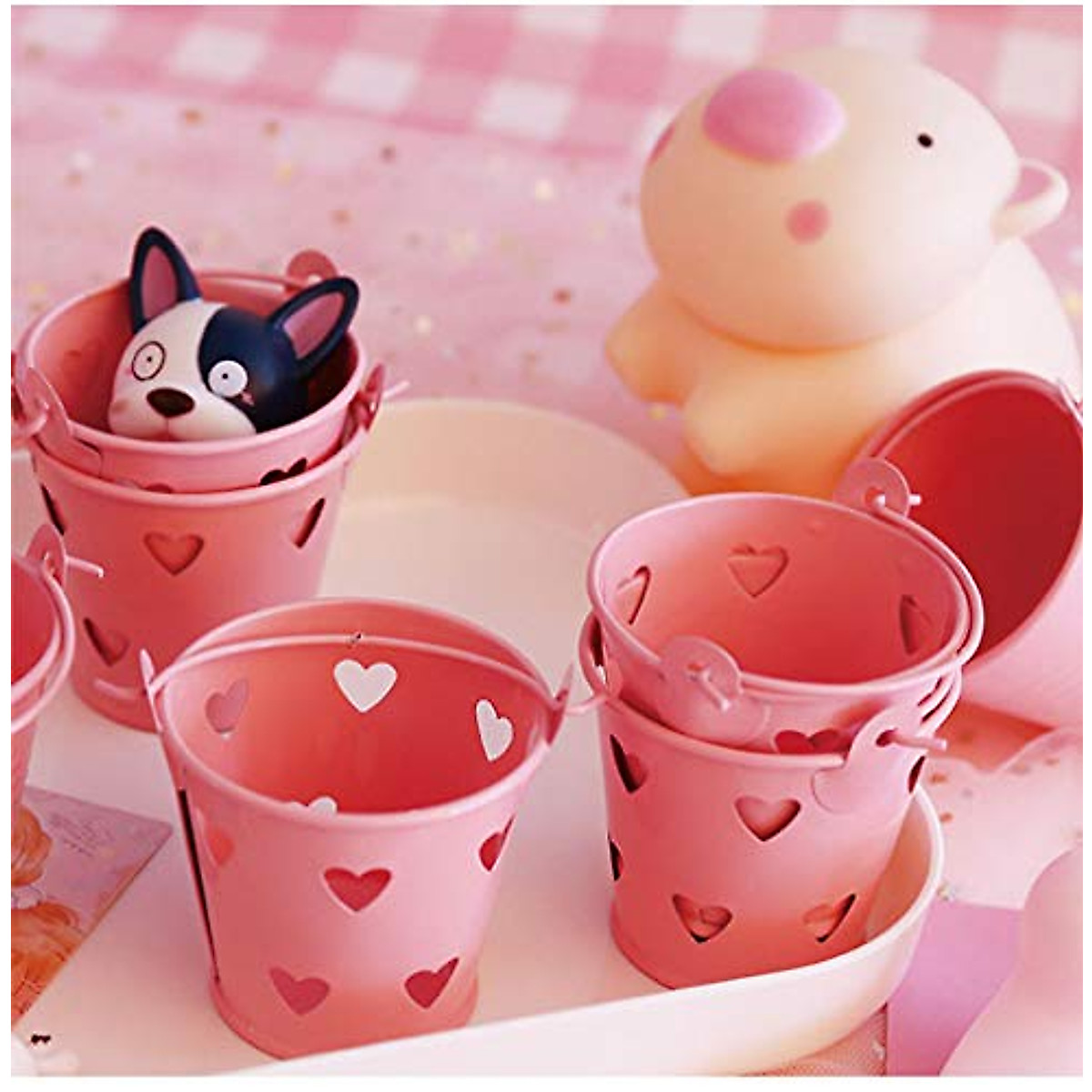 Hollow Heart Mini Tin Candy Buckets Pink Mini Cute Metal Buckets Pack of 5 (Pink-5pcs)