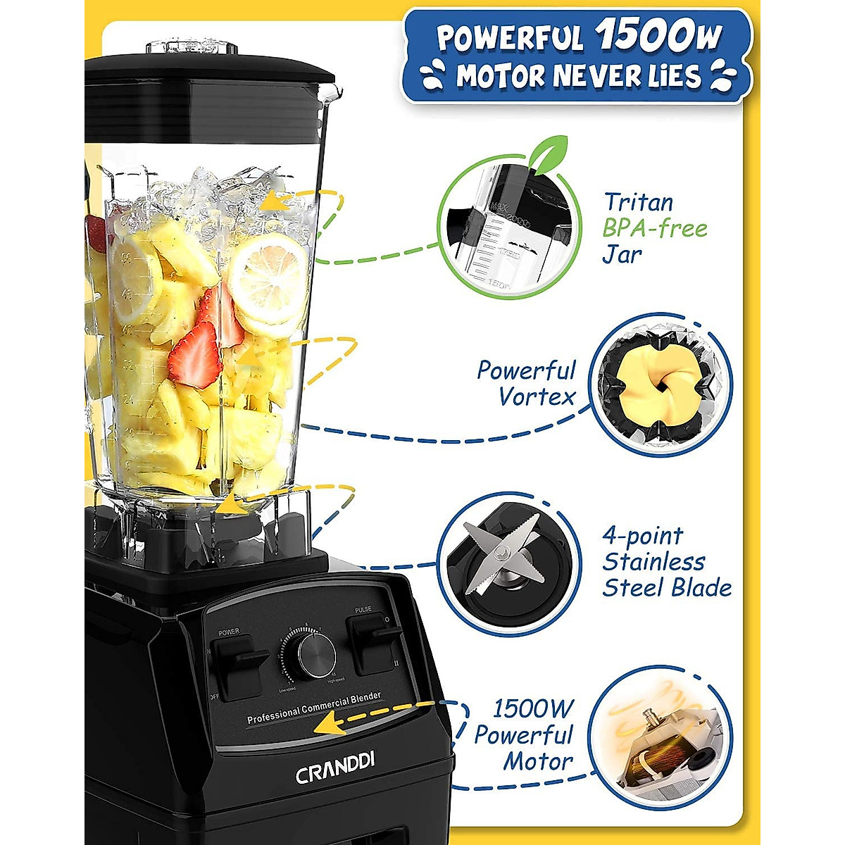 CRANDDI Professional Blender,1500 Watt Commercial Blenders for Kitchen with 70oz BPA-Free Pitcher and Self-Cleaning, Countertop Blenders for Shakes and Smoothies, Build-in Pulse, YL-010-B