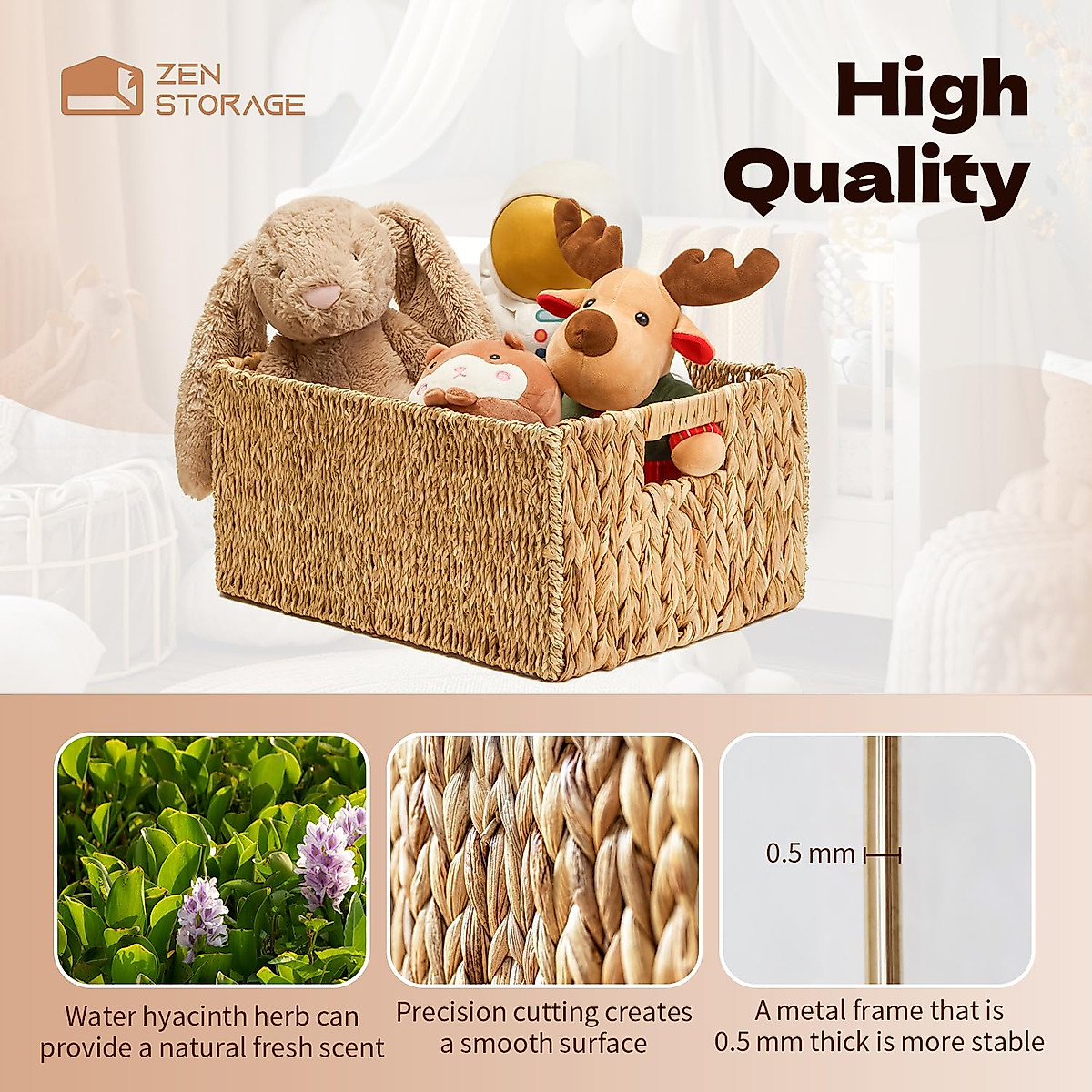 Wicker Storage Basket with Built-in Handle, Water Hyacinth Storage Basket for Shelf/Cabinet, Square Wicker Basket for Towel/Book/Magazine/Toy/Blanket/DVD, Set of 2, Large and Small