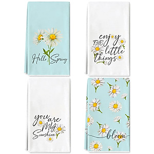 AnyDesign Spring Kitchen Dish Towel Daisy Flower Dishcloth Rustic Blue White Floral Hand Drying Tea Towel for Cooking Baking Cleaning Wipes Supplies, 18 x 28 Inch, Set of 4