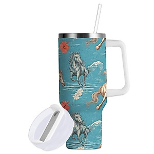 Burbuja Running Horses Hibiscus 40oz Insulated Tumblers with Handle and Straw Lid, Double Wall Stainless Steel Travel Mug Leak-Proof, BPA Free, Gift for Mom Dad