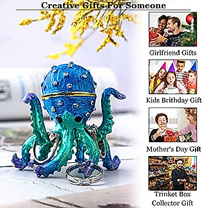 QFkris Octopus Trinket Box with Shinning Rhinestones, Magnetic Jewelry Box Hand-painted Figurine Collectibles Ring Holder Case