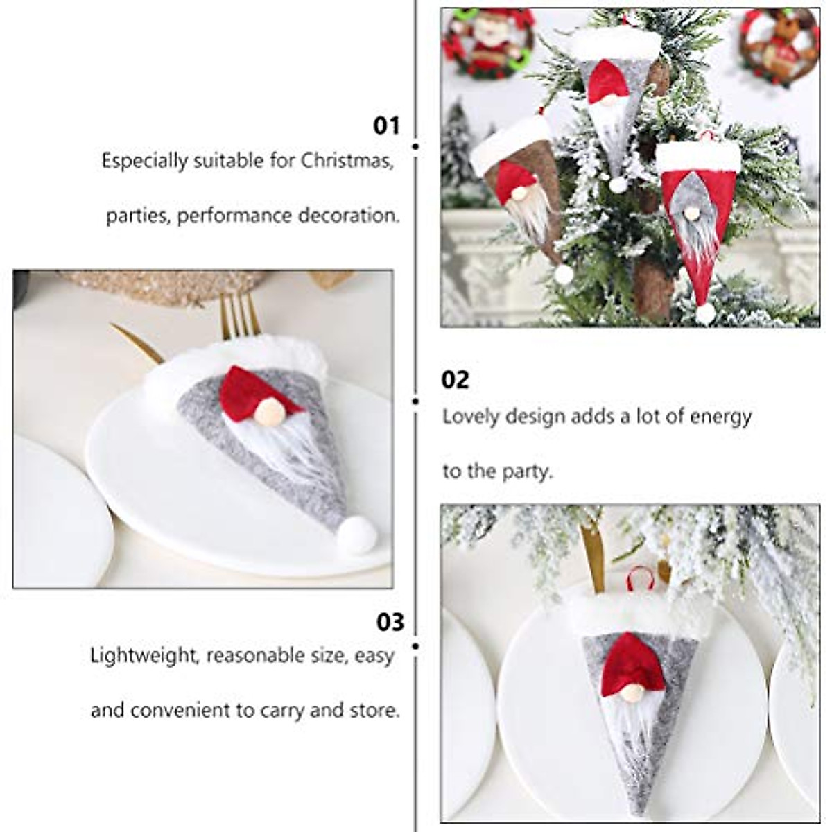 Hemoton 6Pcs Christmas Silverware Holders Pocket Santa Hat Gnome Elf Cutlery Knives Forks Tableware Storage Bag Covers for Xmas Holiday Table Decoration Red Grey
