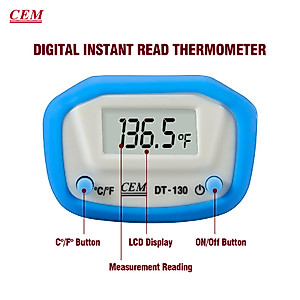 CEM Instant Read Digital Meat Thermometer for Food, Bread Baking, Water, and Liquid. Waterproof and Long Probe with Meat Temp Guide for Cooking, Display with Backlit DT-130(Blue)