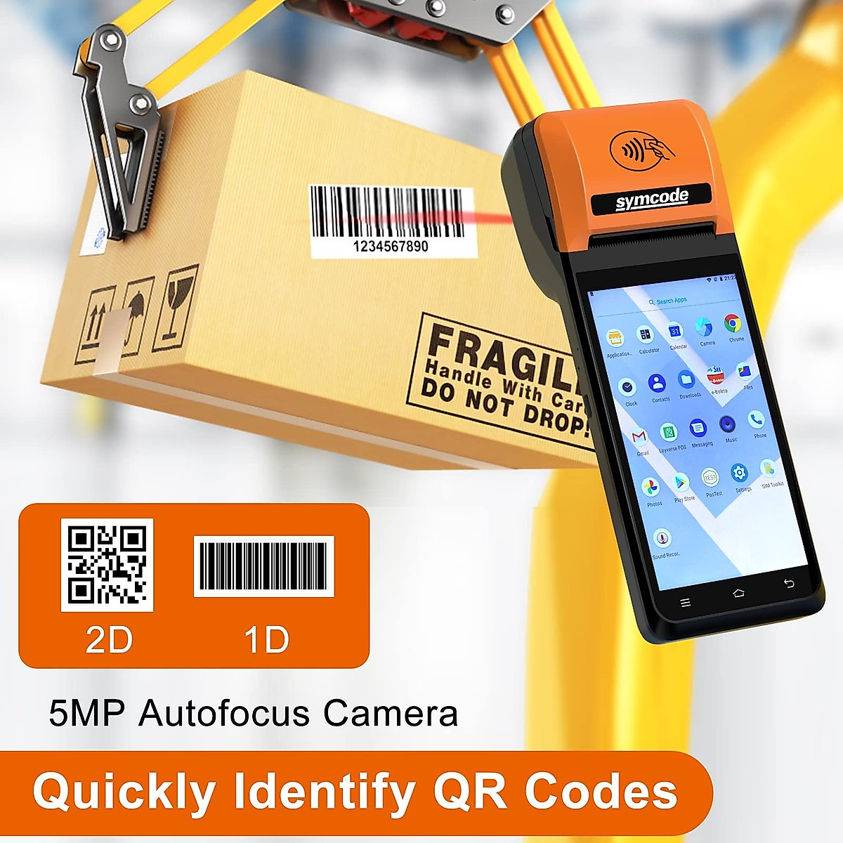 symcode POS PDA Thermal Receipt Printer,1D 2D Barcode Scanner Handheld PDA Printer Mobile POS Machine 5.5" Touch Screen 58mm Thermal Printer Android 8.1 Support 4G WiFi Bluetooth and NFC