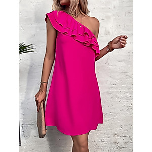 Floerns Women's One Shoulder Tiered Layered Sleeveless Ruffle Trim Tunic Dress A Hot Pink XL