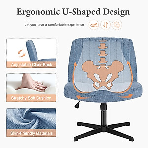 Sweetcrispy Criss Cross Chair Legged, Armless Office Desk Chair No Wheels, Swivel Vanity Chair, Height Adjustable Wide Seat Computer Task Chair, Fabric Vanity Modern Home Chair Blue