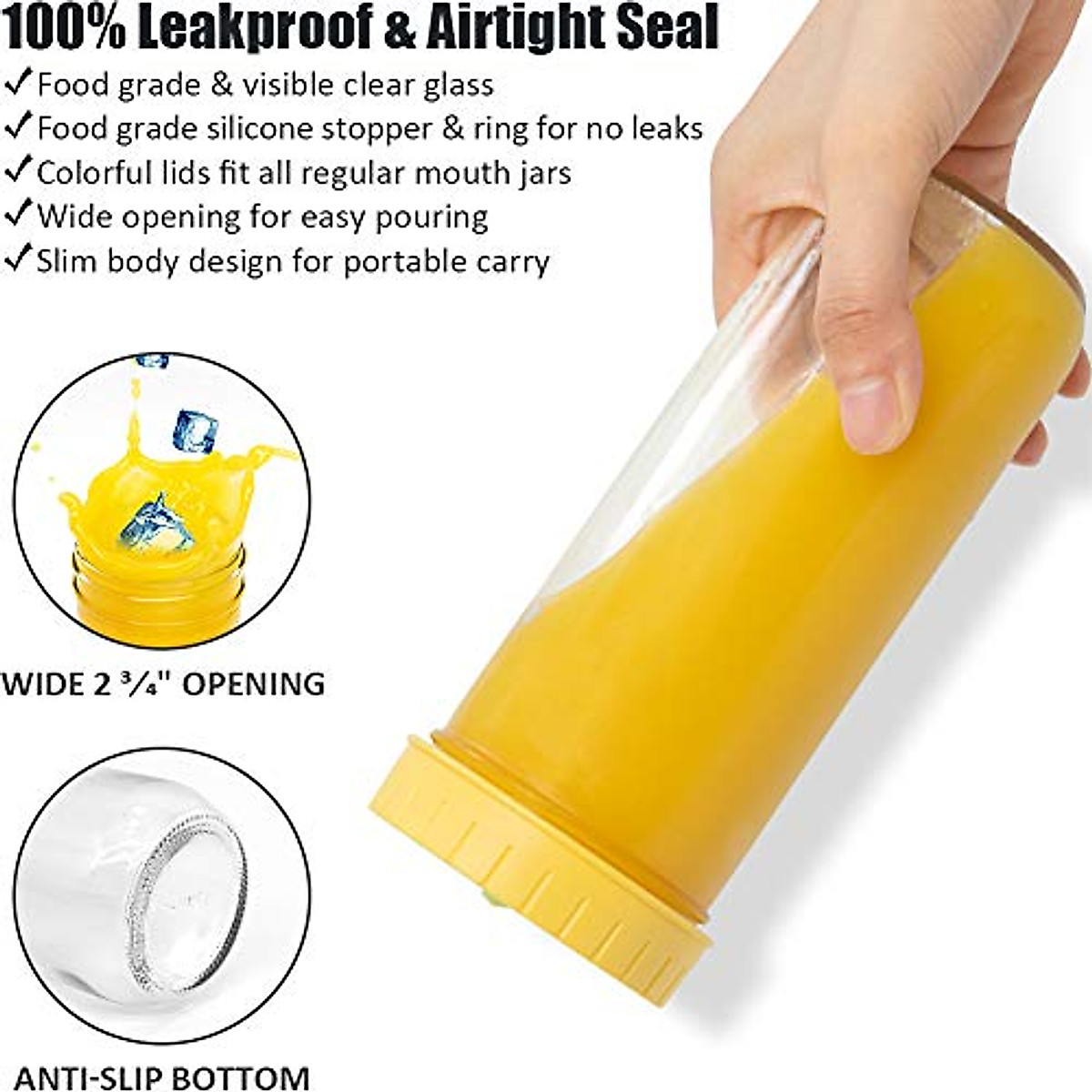 Glass Drinking Bottle Travel Drinking Jars 6 Pack, 16oz Mason Jars Regular Mouth Beverage Bottle with Airtight Lids &Straws, Reusable Water Bottle Skinny Tumbler for Juice/Smoothies,/Kombucha/Tea/Milk