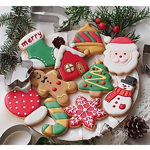 Large Christmas Cookie Cutters, 4" Holiday Cookie Cutters Shape with Recipe Instruction Gingerbread Men,Christmas Tree,Snowflake, Candy Cane,Santa Face and Snow Man for Baking