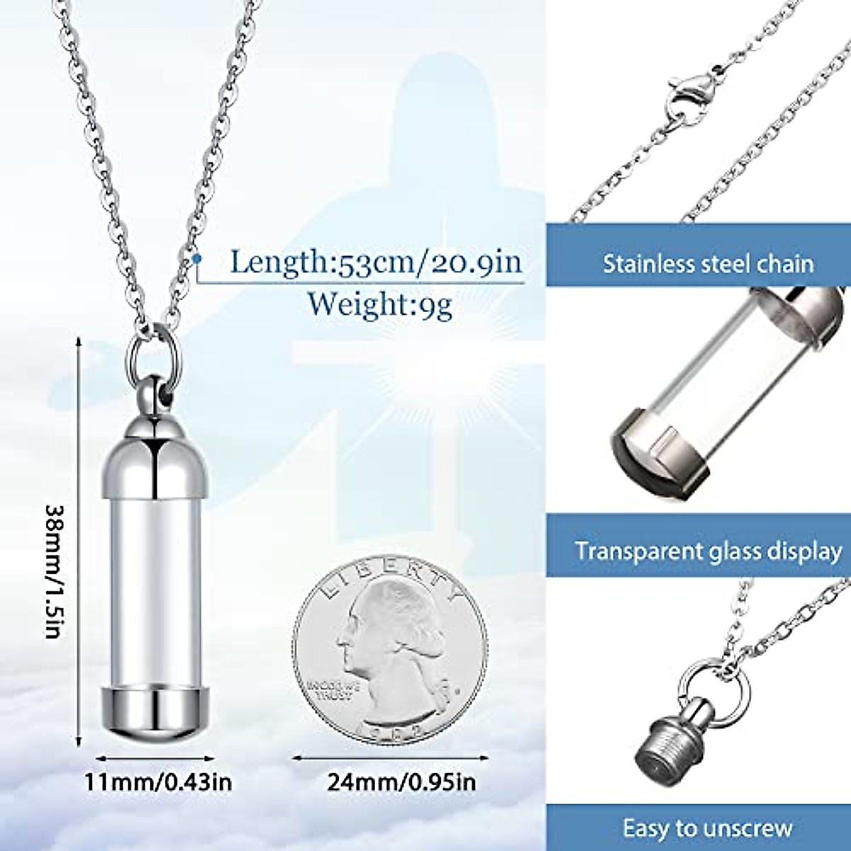 MTLEE Vial Necklace Glass Vial Pendant Stainless Steel Glass Container Necklace Openable Memorial Keepsake Cremation Ashes Holder (12 Pieces)