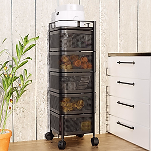 Honrane Rotating Storage Rack for Kitchen, 5 Tier Fruit and Vegetable Kitchen Storage Cart, Large Storage Rack with 360 Degree Wheels,arge Metal Wire Basket with Top Lid for Living Room, Office, Blac