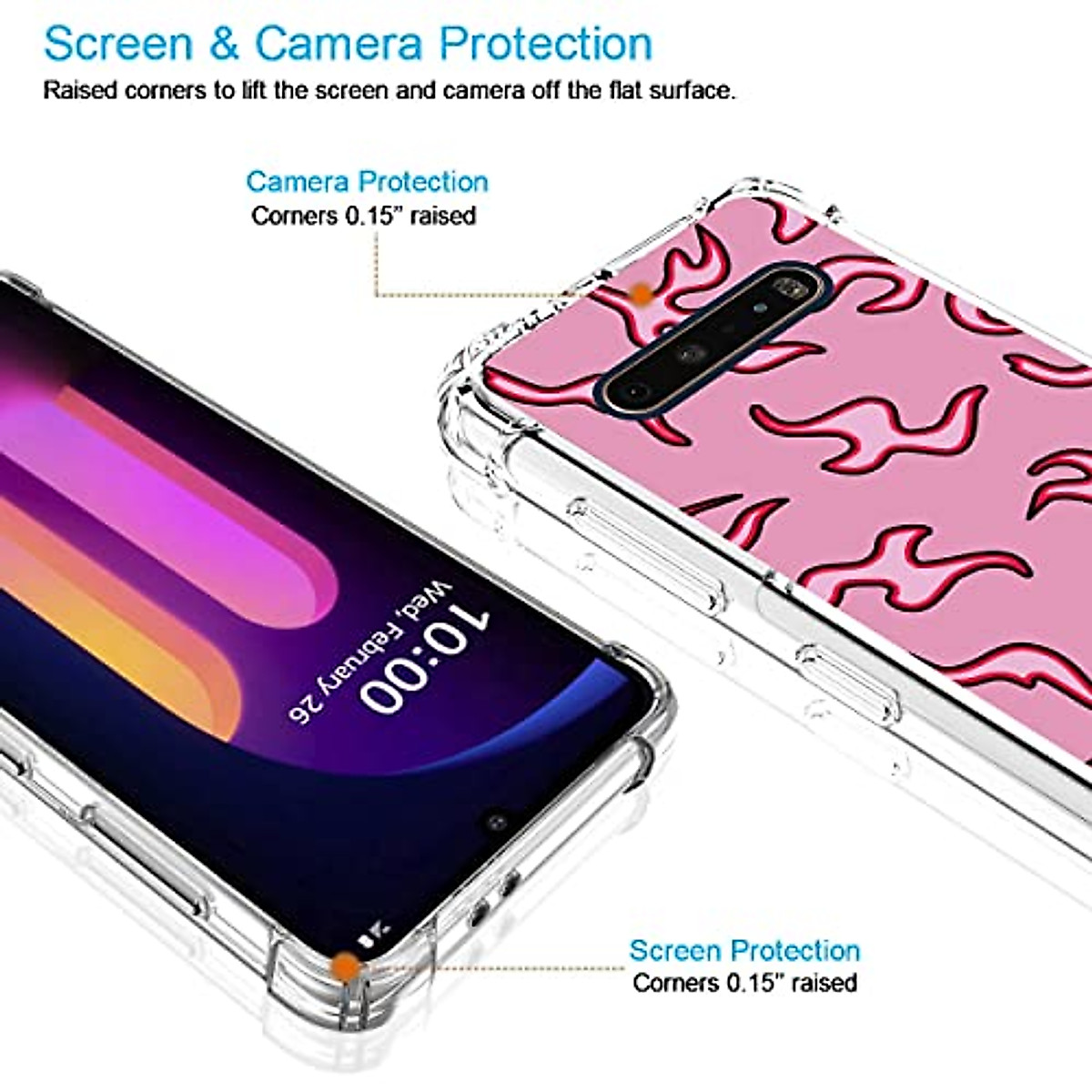 zaztify Compatible with LG V60 ThinQ/ThinQ 5G UW, Pink Spark Flame Fire Print Blaze Trendy Cute Pattern Shockproof Protective Anti-Slip Thin Slim Soft Clear Phone Case Cover Shell