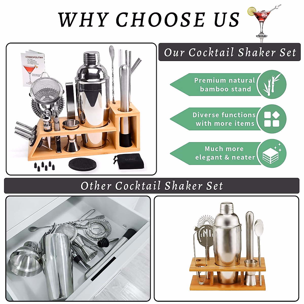 28Pcs Cocktail Shaker Set Bartender Kit with Bamboo Stand, Stainless Steel Martini Shaker and Jigger, Bartending Bar Tool Set with Velvet Carry Bag & Recipe Book for Drink Mixing, Home, Bar, Party