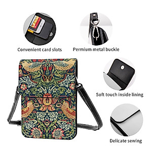 Striking Strawberry Thief Floral Art Crossbody Cell Phone Purse Wallet Bags With Shoulder Adjustable Strap For Women Teen Girls
