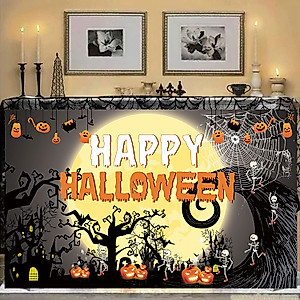 Famoby Happy Halloween Theme Fabric Sign Poster Banner Backdrop with Pumpkin,Ghouls, bat,spide,Moon for Halloween Photo Booth Background Party Decoration