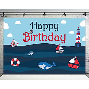 Nautical Happy Birthday Banner Backdrop Whale Sailboat Ocean Sailing Theme Decorations Decor for 1st Birthday Party Baby Shower Retirement Supplies Favors Photo Booth Props Background