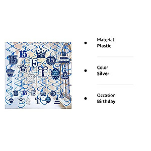 36pcs 15th Birthday Decorations Hanging Swirls Party Supplies for Boys, Silver Blue 15 Year Old Birthday Hanging Decor, Happy Fifteen Birthday Foil Ceiling Swirl Sign Décor