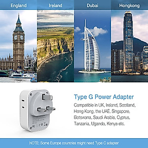 US to UK Plug Adapter, TESSAN Type G Travel Converter with 3 USB Charger(1 USB C Port), 4 Outlets Power Adaptor for USA to Qatar Ireland Hong Kong England Scotland Kenya Dubai London British