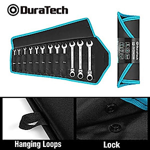 DURATECH Flex-Head Ratcheting Wrench Set, Combination Wrench Set, 72 Tooth, Metric, 12-piece, Size Covers 8-19mm, CR-V Steel, with Rolling Pouch
