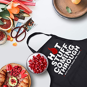 Rosoz Funny BBQ Black Chef Aprons for Men, Hot Stuff Coming Through, Adjustable Kitchen Cooking Aprons with Pocket Waterproof Oil Proof Valentine's Day/Birthday