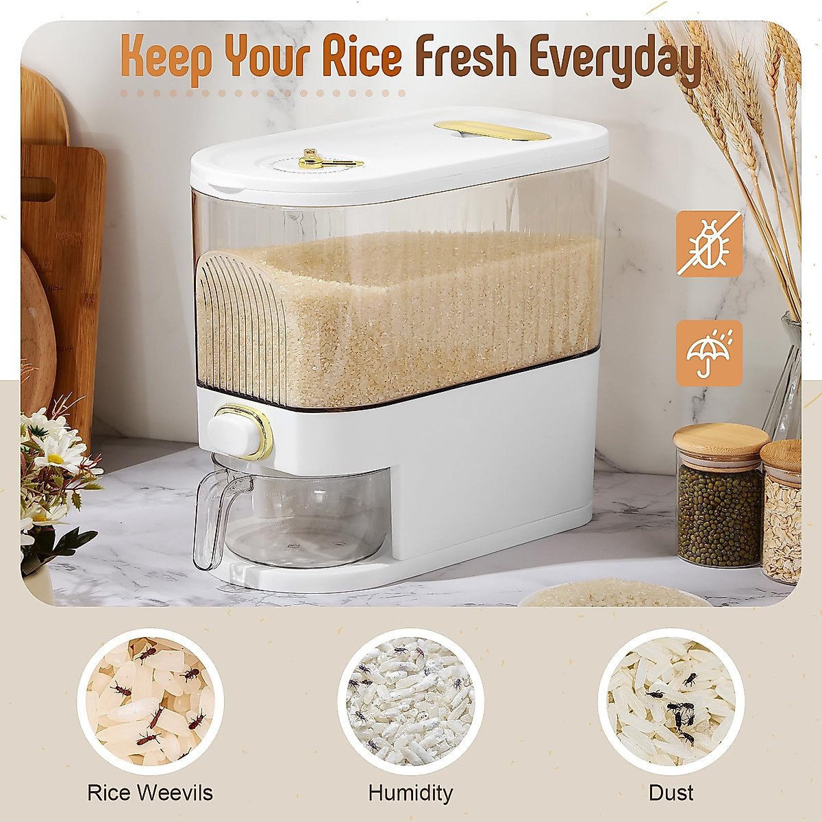 Singhoow 2 Pcs 11lbs Rice Storage Container Large Rice Dispenser with Time Scale Cereal Dry Food Dispenser Rice Holder with Rice Washing Spoon and Cleaning Brush for Kitchen, Clear and Ivory White