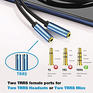 MillSO Headset Splitter for 2 TRRS Headphones or Mics - 3.5mm Jack Adapter TRRS 4-Pole Splitter Male to 2 Dual Female Adapter Compatible for 2 Headphones or Microphones to Connect Mobile Phone, Laptop