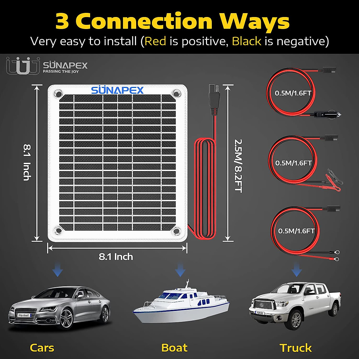 SUNAPEX Solar Battery Charger Maintainer, 5W 12V Portable Waterproof Solar Panel Trickle Charger with Built-in Charge Controller, Cig Plug, Alligator Clips, O-Rings for Car, Truck,Tractor, Boat, etc