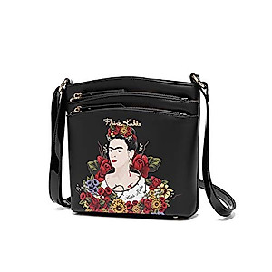 Frida Kahlo Flower Collection Cross Body Bag with Two Zip Pockets on Front (Black)