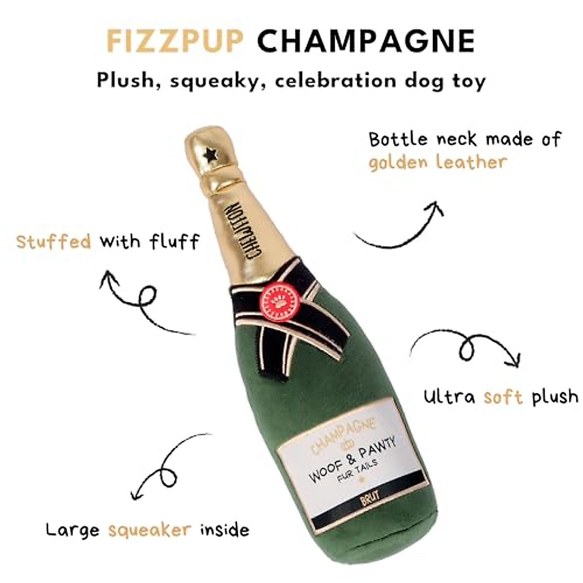 CHEWFFON Dog Toy, Squeaky Dog Toys for Boredom, Plush Dog Present Chew Toy for All Breeds Dogs, Champagne Shape Interactive Dog Toys for Birthday Stimulating Gifts