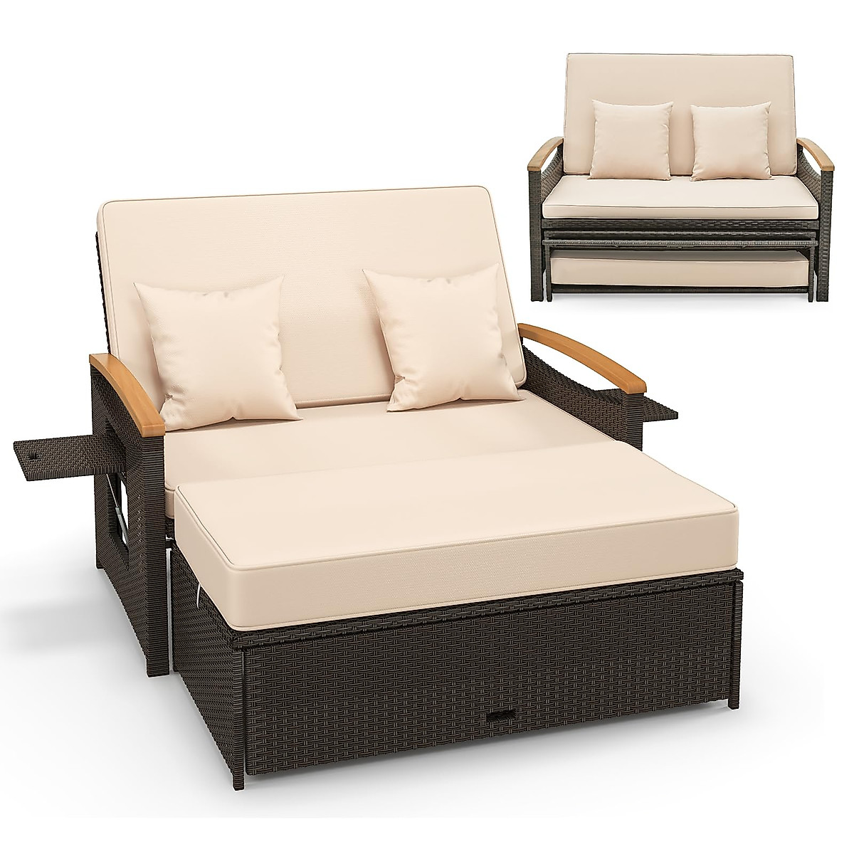 Tangkula Patio Rattan Daybed Set with Cushioned Loveseat and Storage Ottoman, Outdoor Double Chaise Lounger with 4-Level Adjustable Backrest and Retractable Side Trays for Backyard (Beige)
