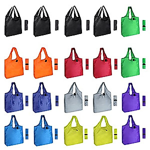 20 Pack Durable Colorful Folding Reusable Grocery Bags Handles Bulk Heavy Duty Strong, Aricsen Eco Friendly Shopping Foldable Kitchen Large Washable for Pocket Lightweight Nylon, Polyester Color Cloth