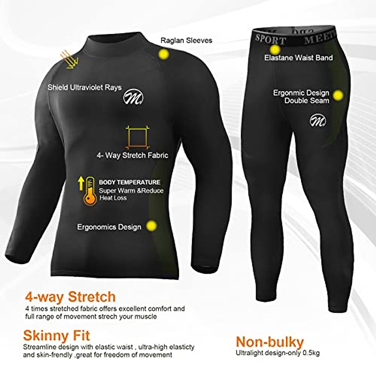 MEETWEE Men's Thermal Underwear Set, Winter Ski Gear Fleece Lined Long Johns Base Layer Warm Top & Bottom for Skiing Black
