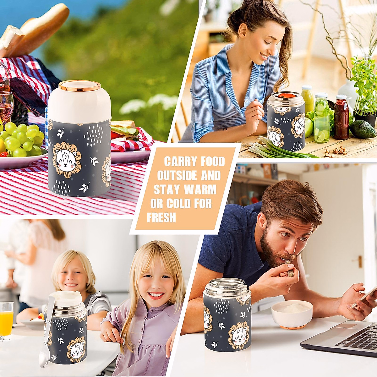 JUNZAN Handdrawn Cute Lion Cartoon Animals Kids Womens Food Insulated Jar with Spoon 17oz/500ml Lunch Box Containers Stainless Steel Vacuum Portable Lunch Boxes for Office Accessories