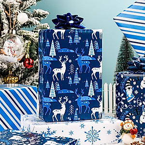 Flyhill Jumbo Christmas Wrapping Paper Bundle with Gridlines-30 In X120 In-4 Roll-Snowmen & Santa Claus & Snowflakes & Reindeer & White Stripes & Tree for New Year,Birthday,Holiday