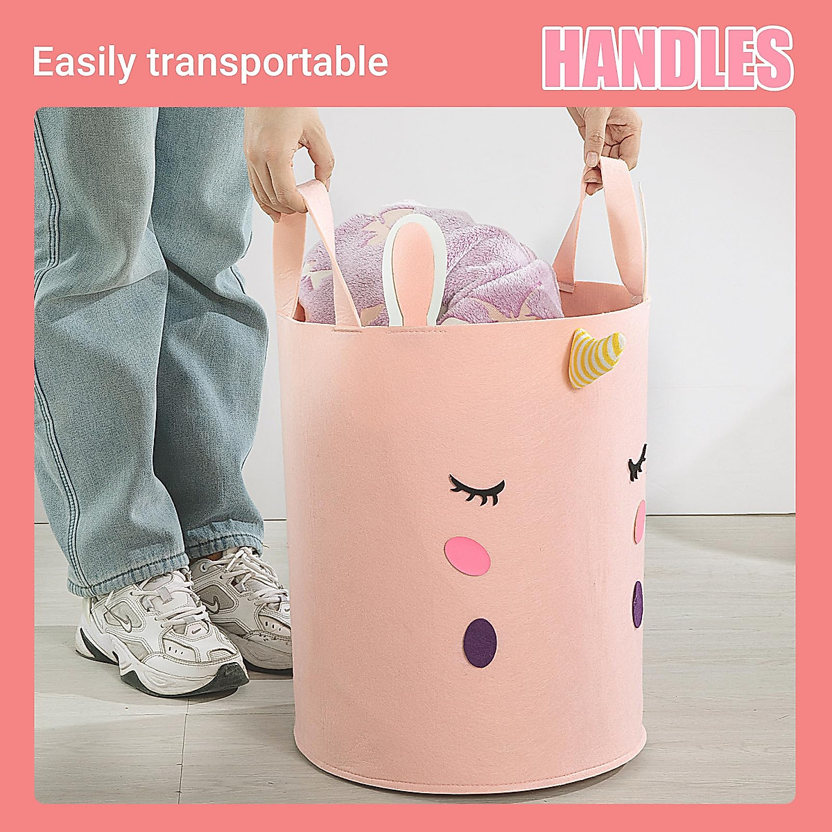 HOMBYS Glow in The Dark Bunny Hamper-Kids Laundry Basket, Large Cute Design Storage Bin for Toys& Clothes, Dinosaur Room Decor for Boys&Girls, Laundry Hamper with Handles, Durable-16"x14"x14"