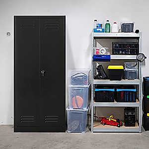 CJF Metal Storage Cabinet, Locked Steel File Cabinet with 4 Adjustable Shelves & Locking System, Tall Metal Garage Cabinet for Office, Home, 70.86" H×31.5" W×15.75" D（Black）
