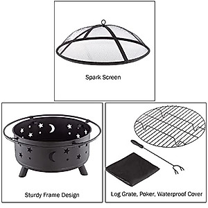 Fire Pit Set, Wood Burning Pit - Includes Screen, Cover and Log Poker- Great for Outdoor and Patio, 30 inch Round Star and Moon Firepit by Pure Garden