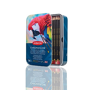 Derwent Chromaflow Colored Pencils 36 Tin, Set of 36, 4mm Wide Core, Multicolor, Smooth Texture, Art Supplies for Drawing, Blending, Sketching, Adult Coloring, Premier, Professional Quality (2306012)