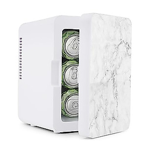 PERSONAL CHILLER Portable Mini Fridge Cooler and Warmer, 4 Liter Capacity Chills Six 12 oz Cans, Snacks, and Skincare Products, 100% Freon-Free, Marble Door