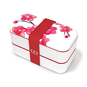 monbento - Bento Box MB Original Blossom with Compartments - 2 Tier Leakproof Lunch Box for Work and Meal Prep - BPA Free - Food Grade Safe - Japanese Flowers - Red & White