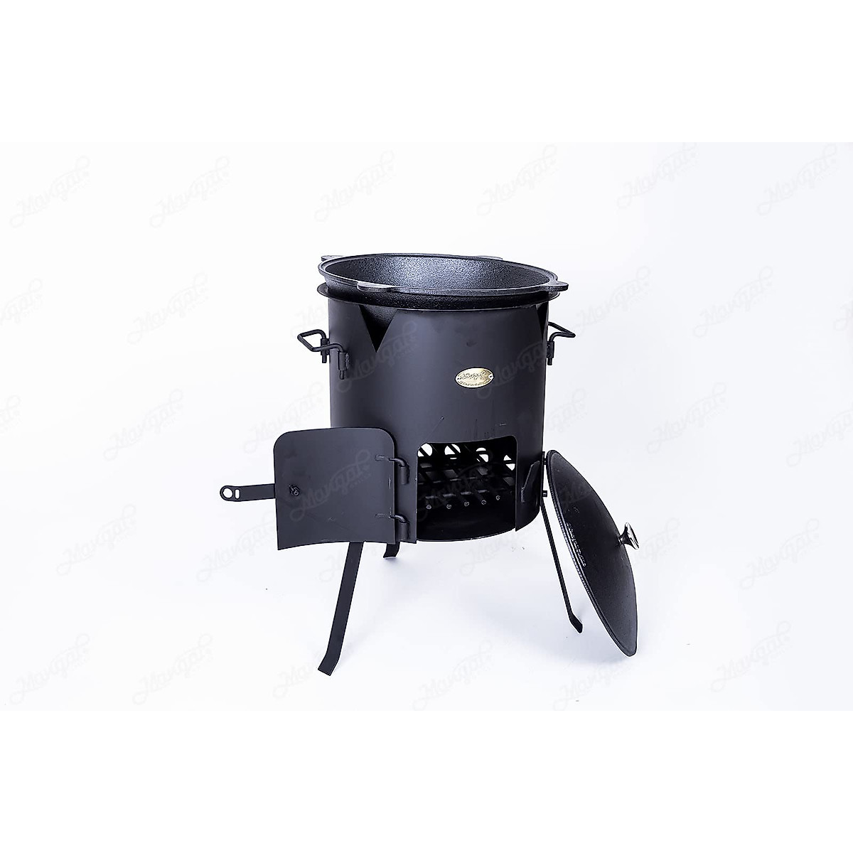 Kazan Cast Iron Cauldron Qazan Qozon Kadai (9L-2.3Gal) + Uchag Oven Stove Wood Fire Duch Oven (36cm-14")