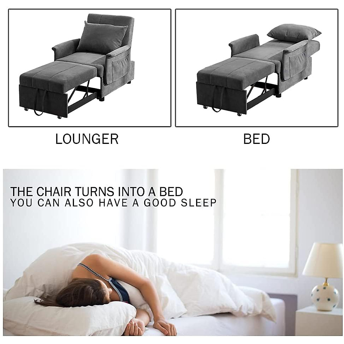 BINGTOO Convertible Chair Sleeper Bed with Lumbar Pillow, 3 in 1 Multi-Function Adjustable Ottoman Bed Bench Guest Sofa Bed Chair, Folding Ottoman Sleeper Guest Bed for Bedroom,Living Room