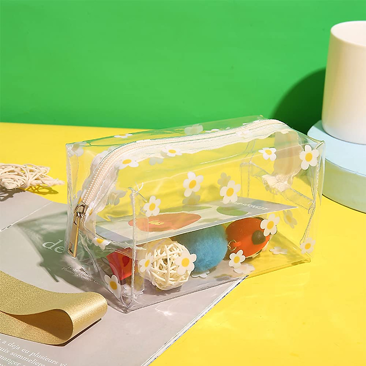 HOYOFO Cute Cosmetic Bag, Transparent Small Makeup Bag for Women, Clear Makeup Brushes Kit Bag, Waterproof Toiletry Organizer Pouch (White Flower)