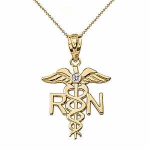 14k Yellow Gold Solitaire Diamond Caduceus RN Charm Registered Nurse Necklace, 16"