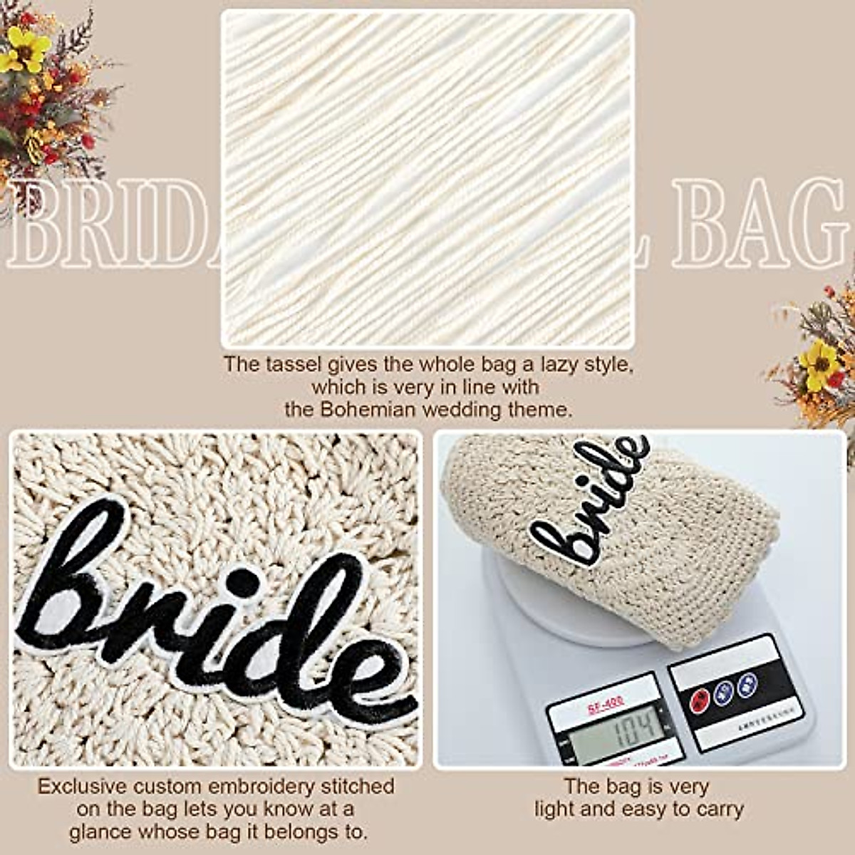 Bride Cowgirl Bag Bachelorette Party Gift Bags Bridesmaid Bride Crochet Purse White Crossbody Fringe Bag for Women Bachelorette Party Favor Cowgirl Bachelorette Country Wedding Bridal Shower 7.87 Inch